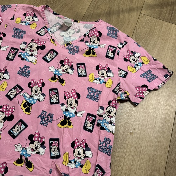 Disney | Sweaters | Disney Scrub Top Womens Pink Minnie Mouse Selfie ...
